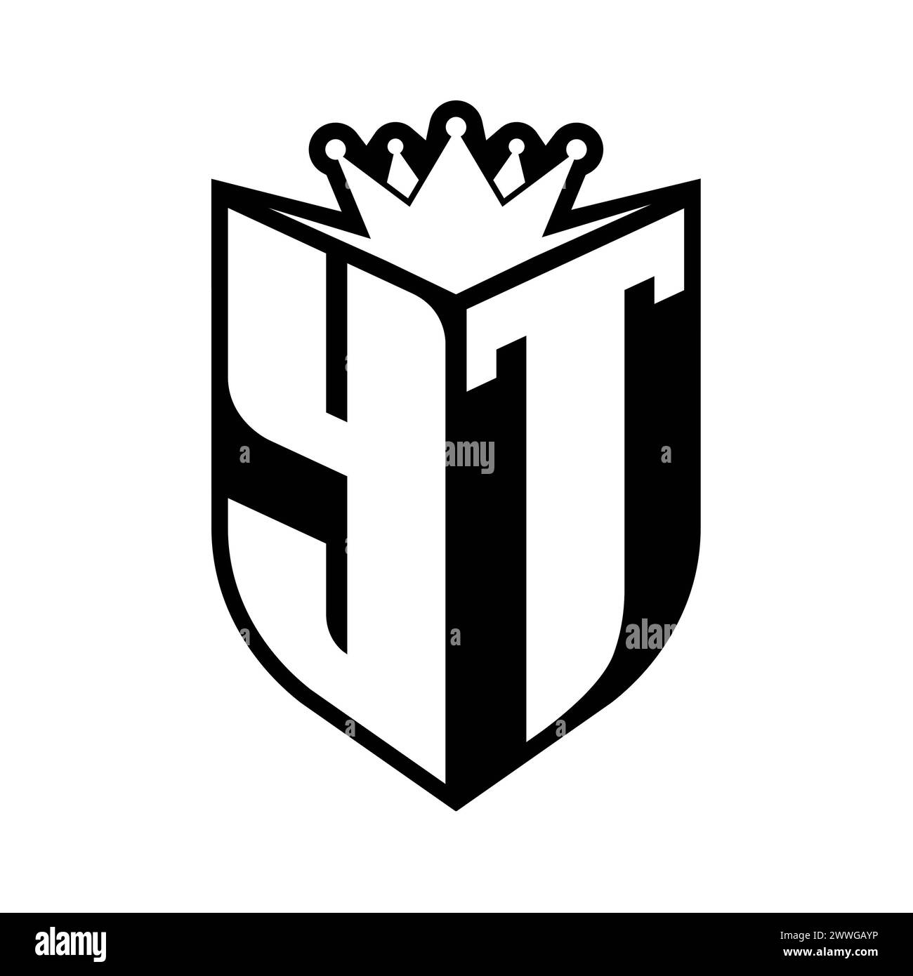 YT Letter bold monogram with shield shape and sharp crown inside shield black and white color ...