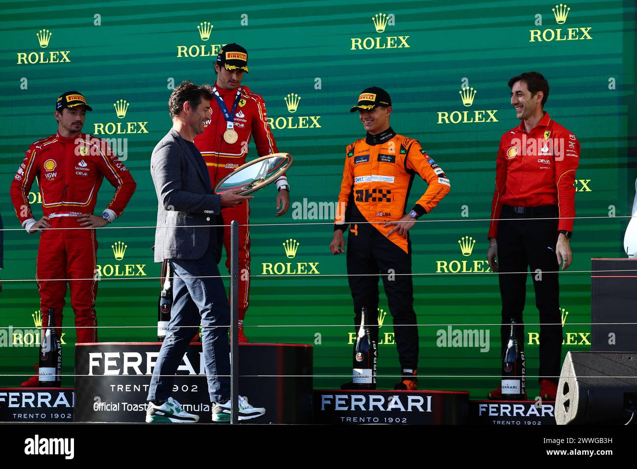 Melbourne, Australia. 24th Mar, 2024. The podium (L to R): Charles ...