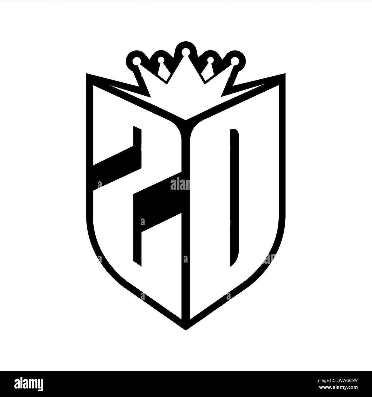 ZD Letter bold monogram with shield shape and sharp crown inside shield black and white color ...