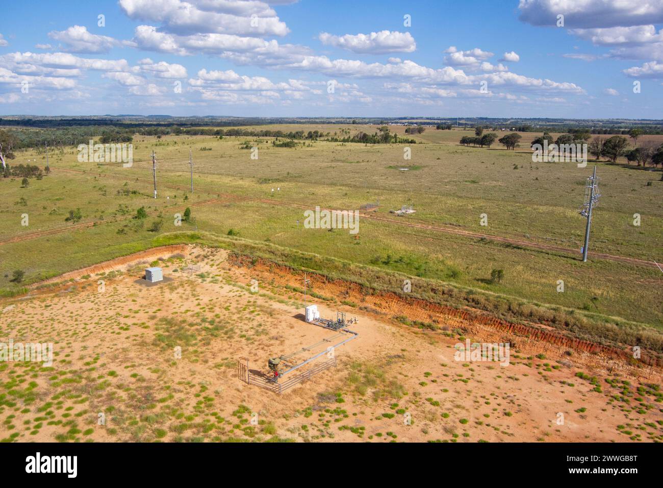 Aerial of SANTOS GLNG coal seam gas wells north of Wallumbilla a rural ...