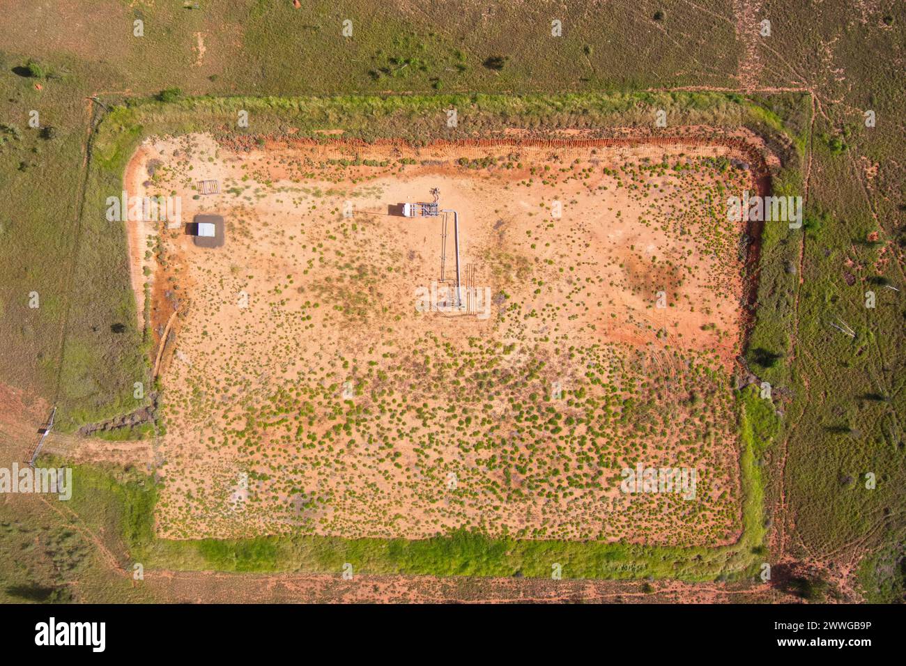 Aerial of SANTOS GLNG coal seam gas wells north of Wallumbilla a rural ...