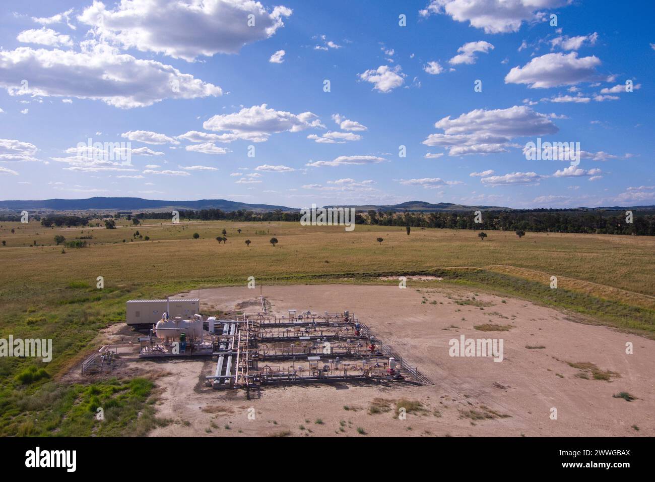Aerial of SANTOS GLNG coal seam gas wells north of Wallumbilla a rural ...