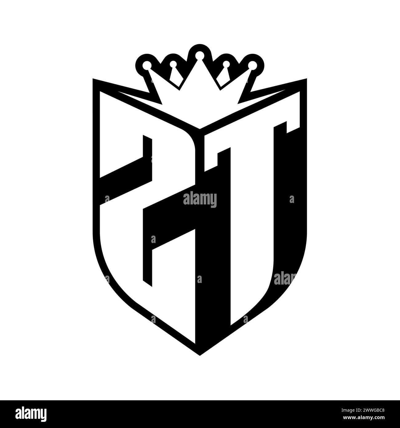ZT Letter bold monogram with shield shape and sharp crown inside shield black and white color ...