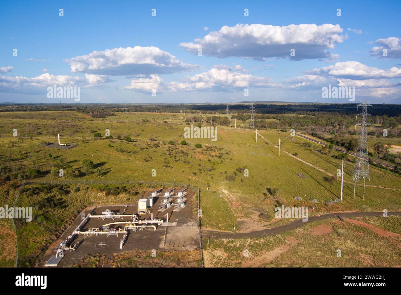 Aerial of SANTOS coal seam gas wells Wallumbilla North locality in the ...