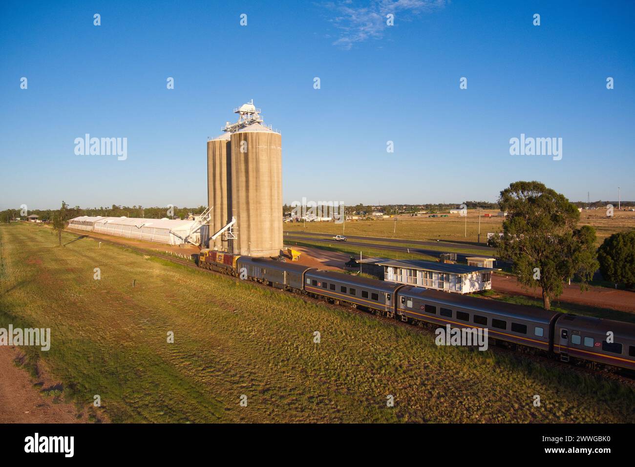 Aerial of the Westlander Travel Train passing Wallumbilla a rural town ...