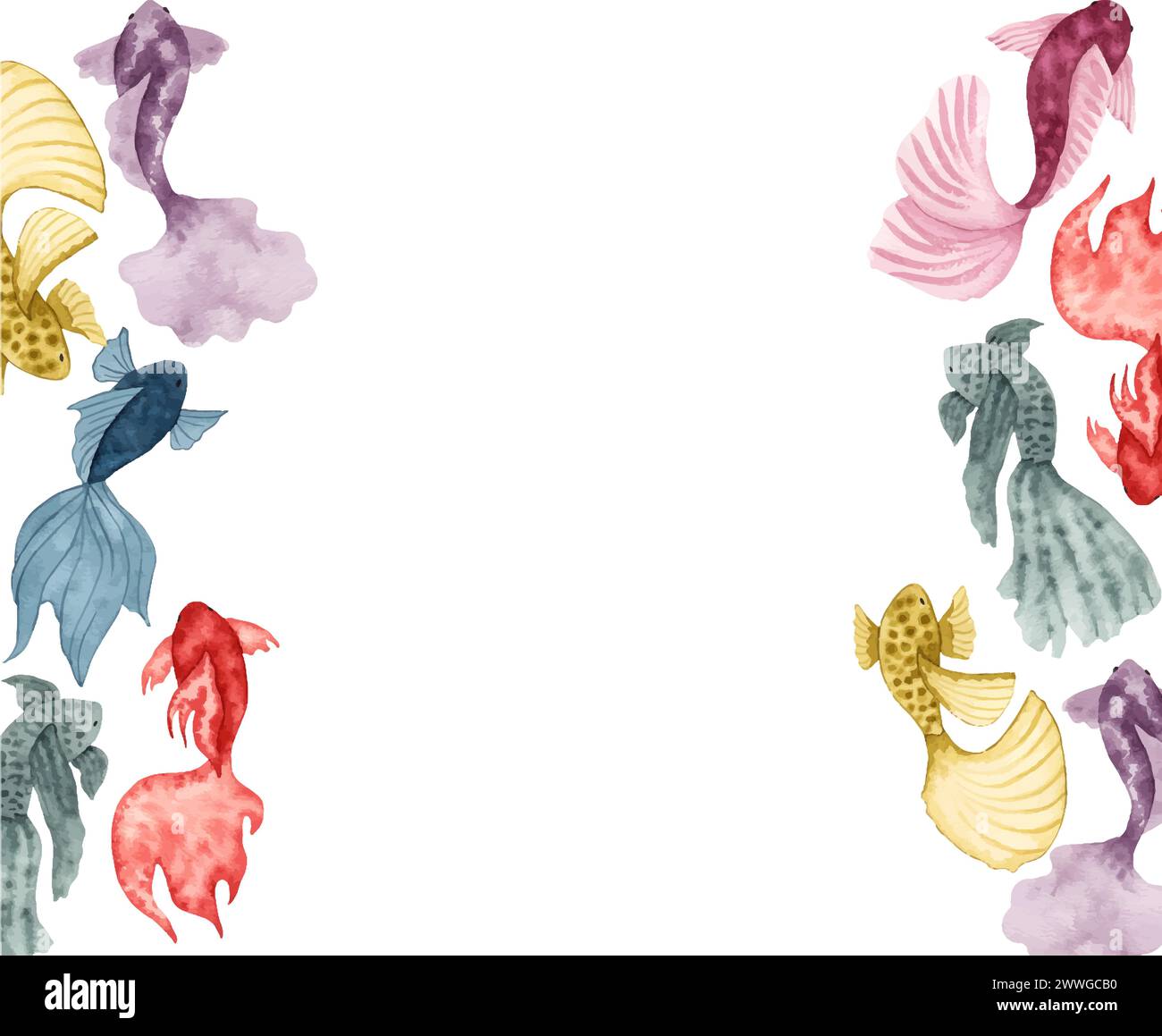 Horizontal frame of watercolor fish.Hand illustration.Simple, stylized ...