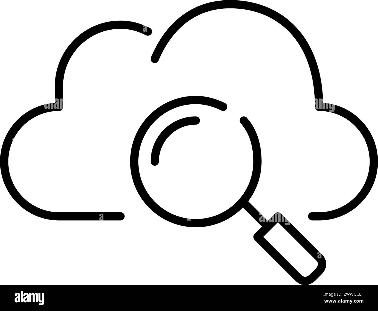 Magnifying glass and cloud. Searching for files in cloud storage, analyzing and examining data ...