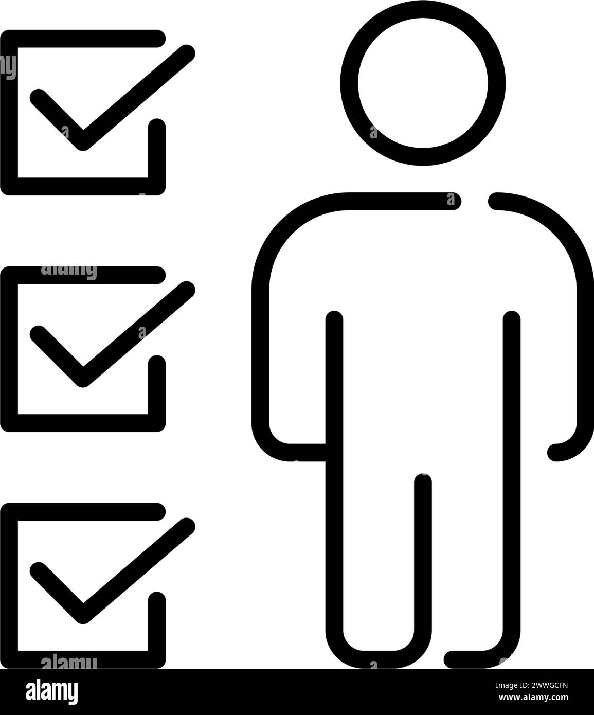 Standing person and list of checked out squares. Success checklist, tasks accomplished or ...