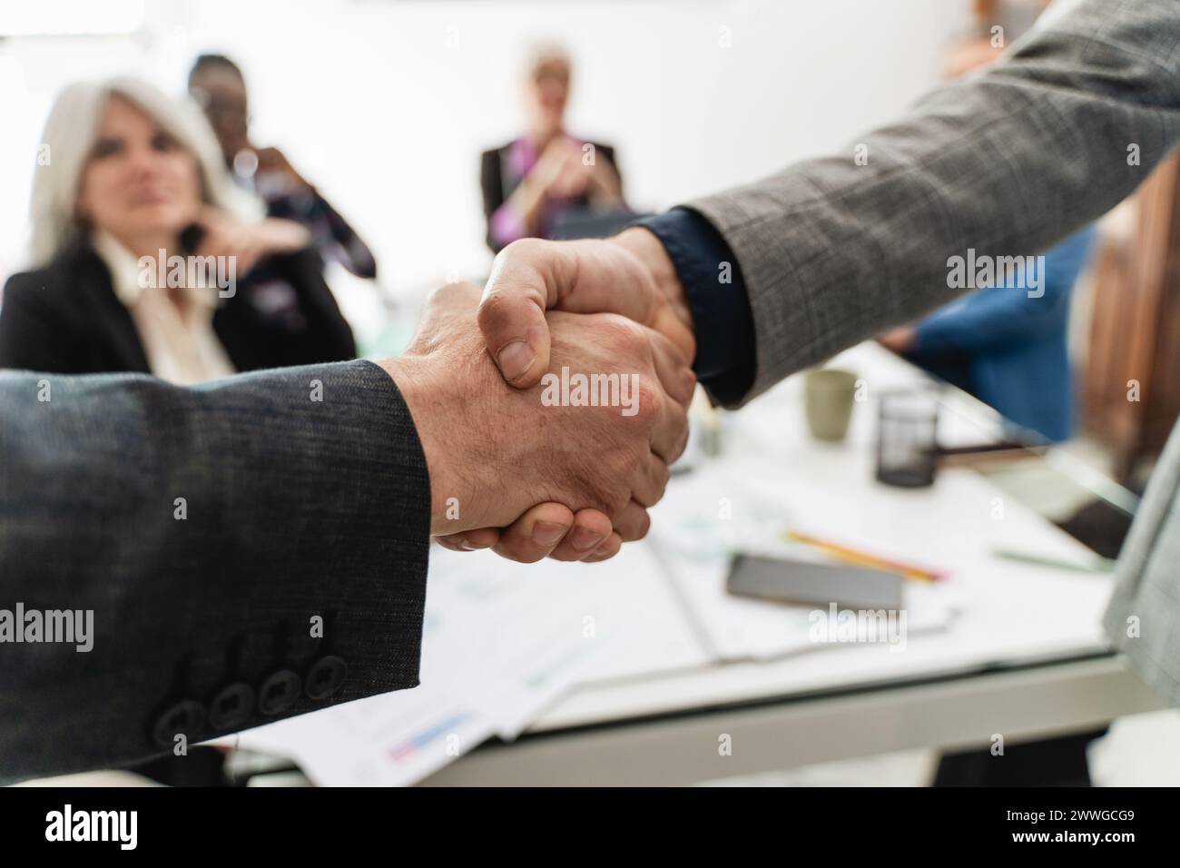 Business professionals shaking hands - closing deal, teamwork in ...