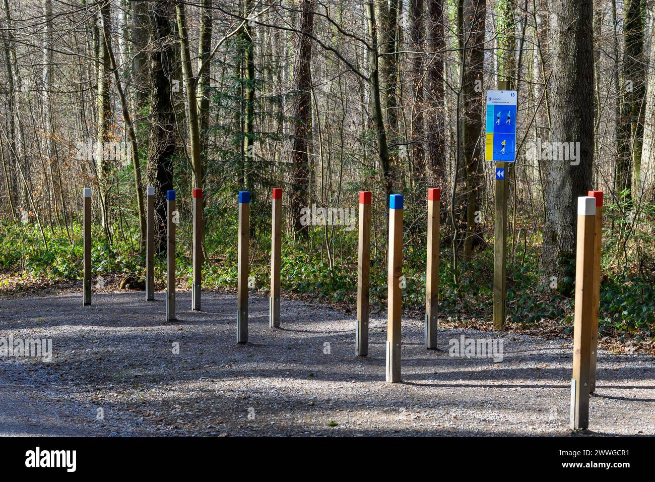 Color-coded posts mark the path of an outdoor exercise trail in a lush ...