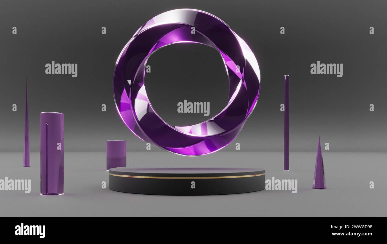 3d render of purple and black podium with circle ring shape long thin ...