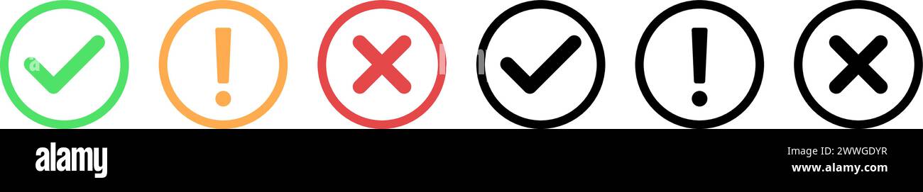 Set of check mark, exclamation point, X or cross mark icons buttons ...