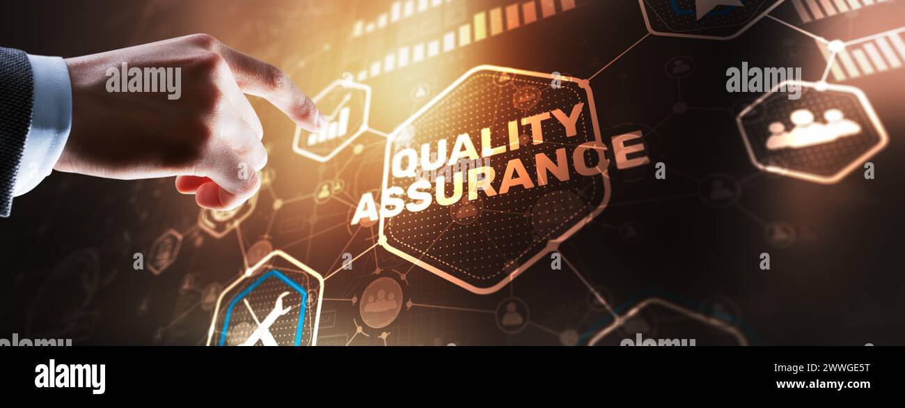 QA Businessman pressing Quality assurance button on virtual screens ...