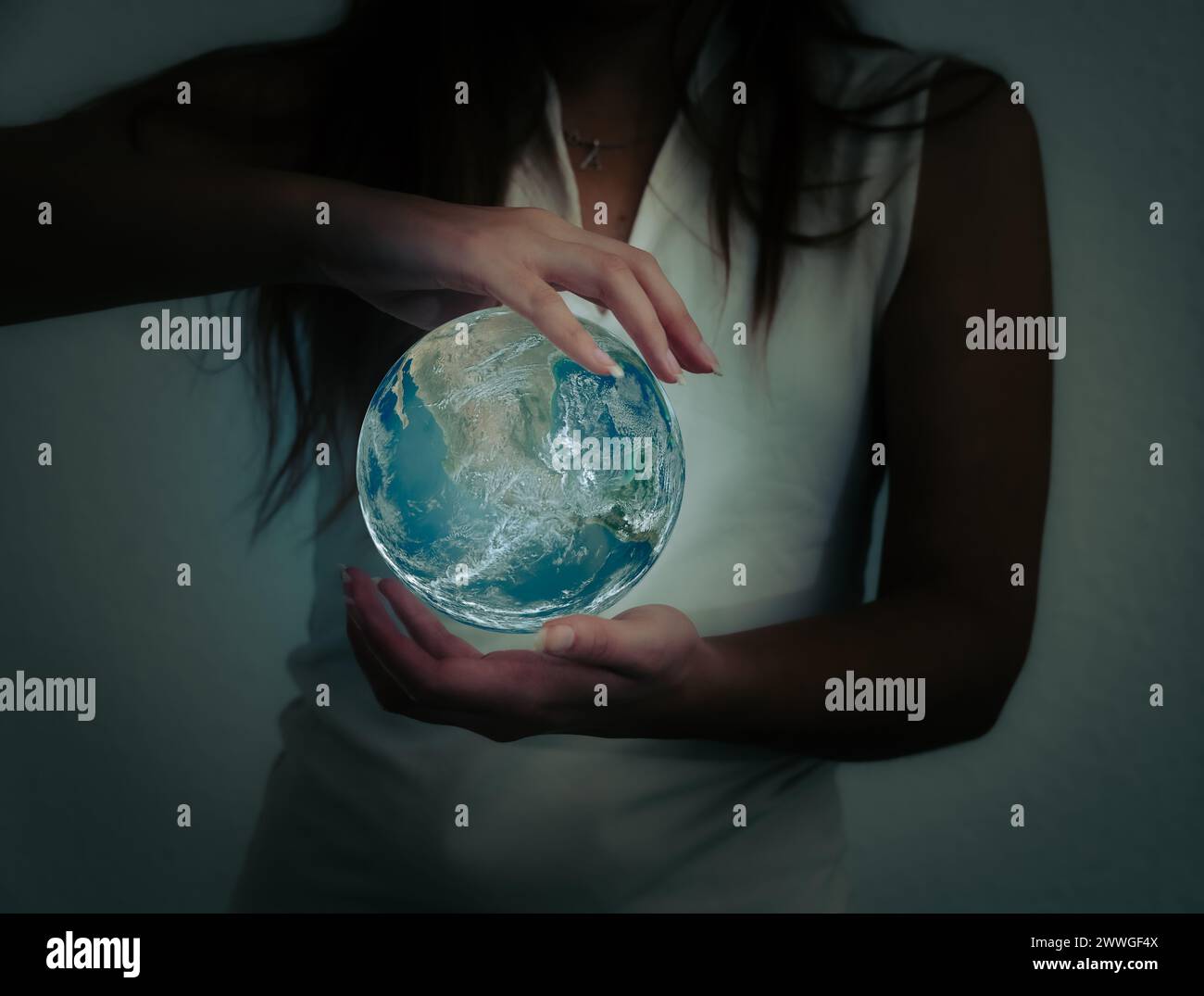 Young business woman holding virtual Global concept of alternative ...