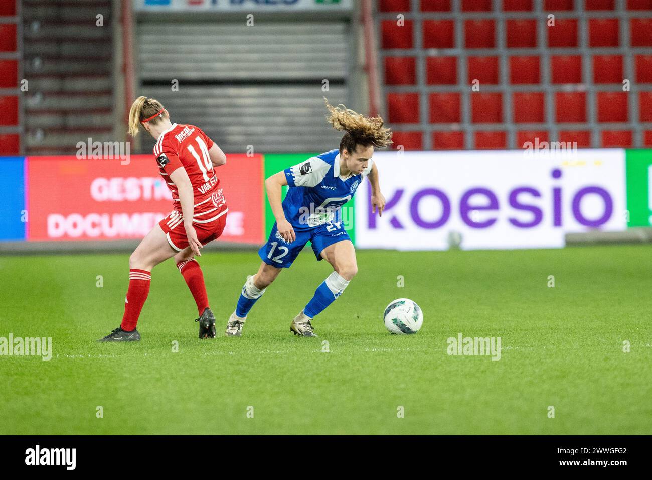 Liege, Belgium. 23rd Mar, 2024. Jasmien Mathys (12) of AA Gent in a ...