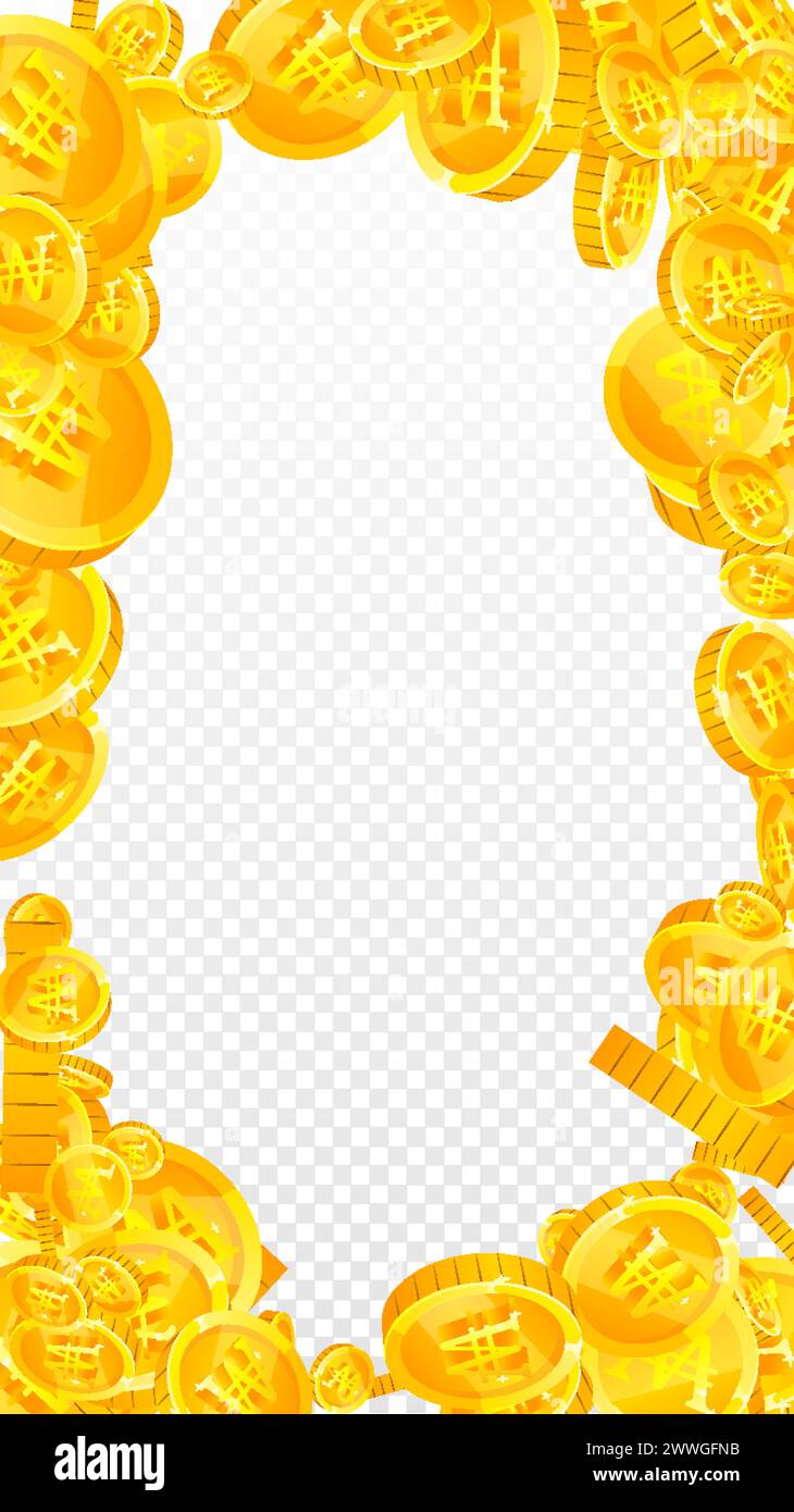 Korean won coins falling. Scattered gold WON coins. Korea money ...