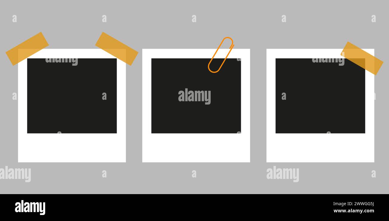 Polaroid camera frames photo mockup scrapbook on a gray wall. Black ...