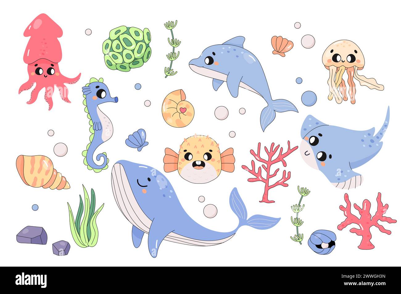 cute sea animals, set, on white background, fugu, whale, dolphin ...