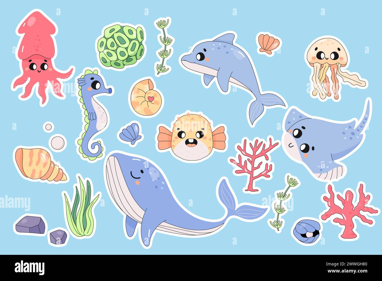 cute sea animals, sticker set, on white background, fugu, whale ...
