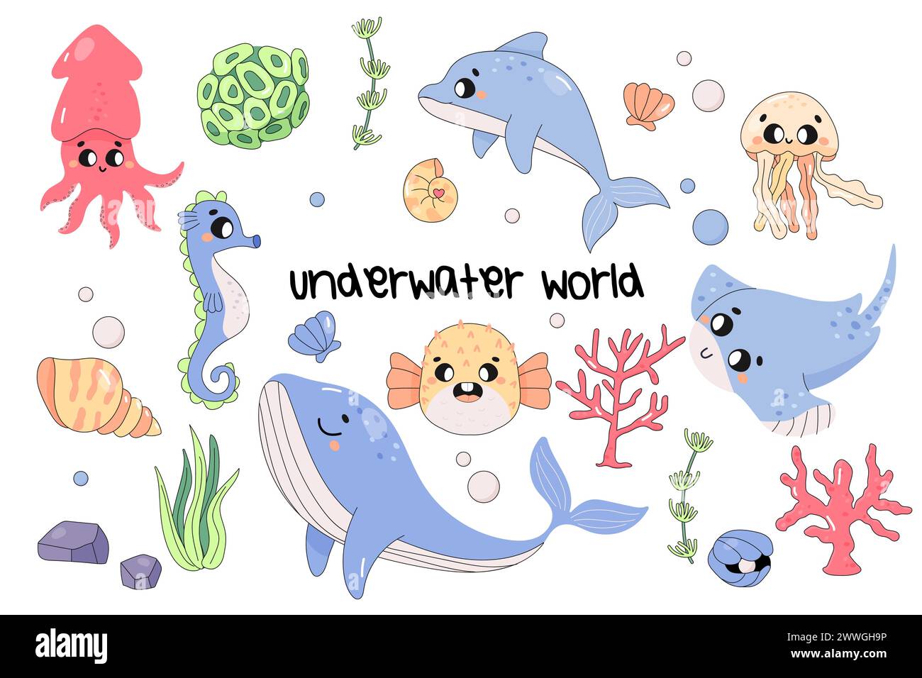 cute sea animals, set, on white background, fugu, whale, dolphin ...