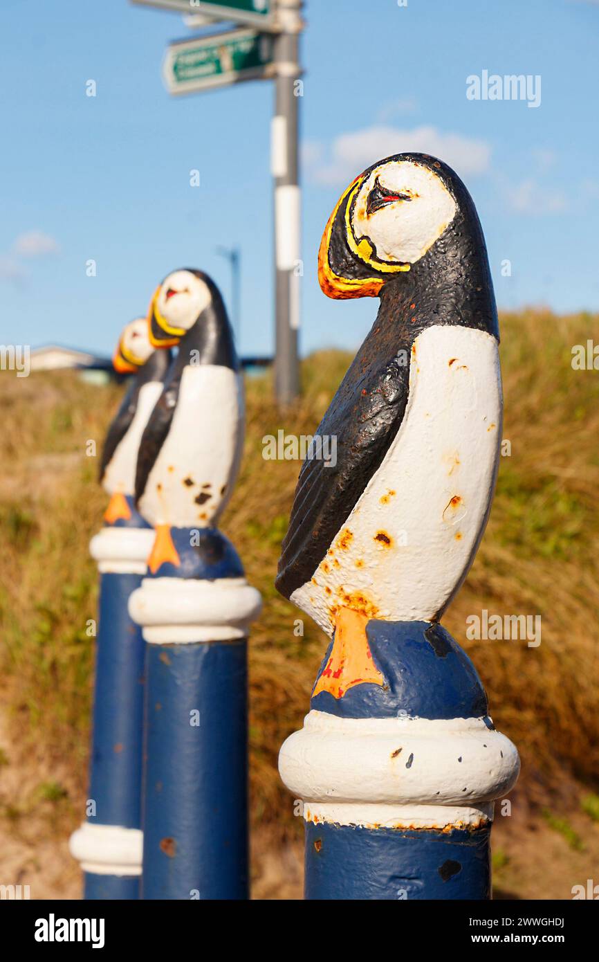 cast metal bollard in shape of painted puffins at Newbiggin by sea ...