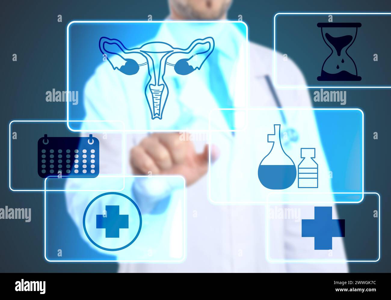 Menopause concept. Doctor touching uterus icon on digital screen ...