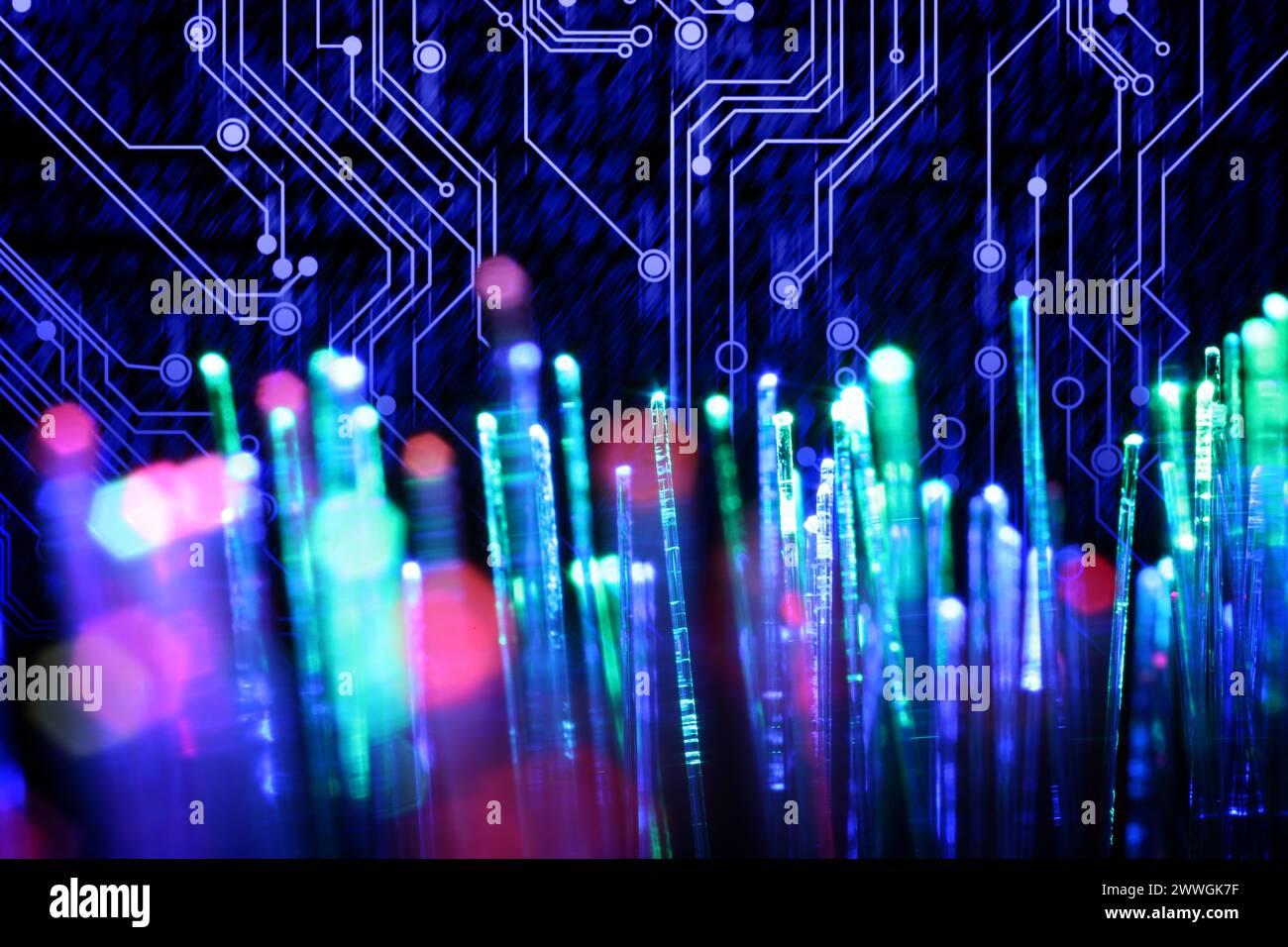 Optical fiber strands and circuit board, double exposure Stock Photo ...