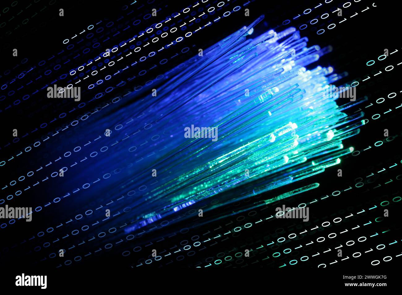 Optical fiber strands and binary code on black background, double ...
