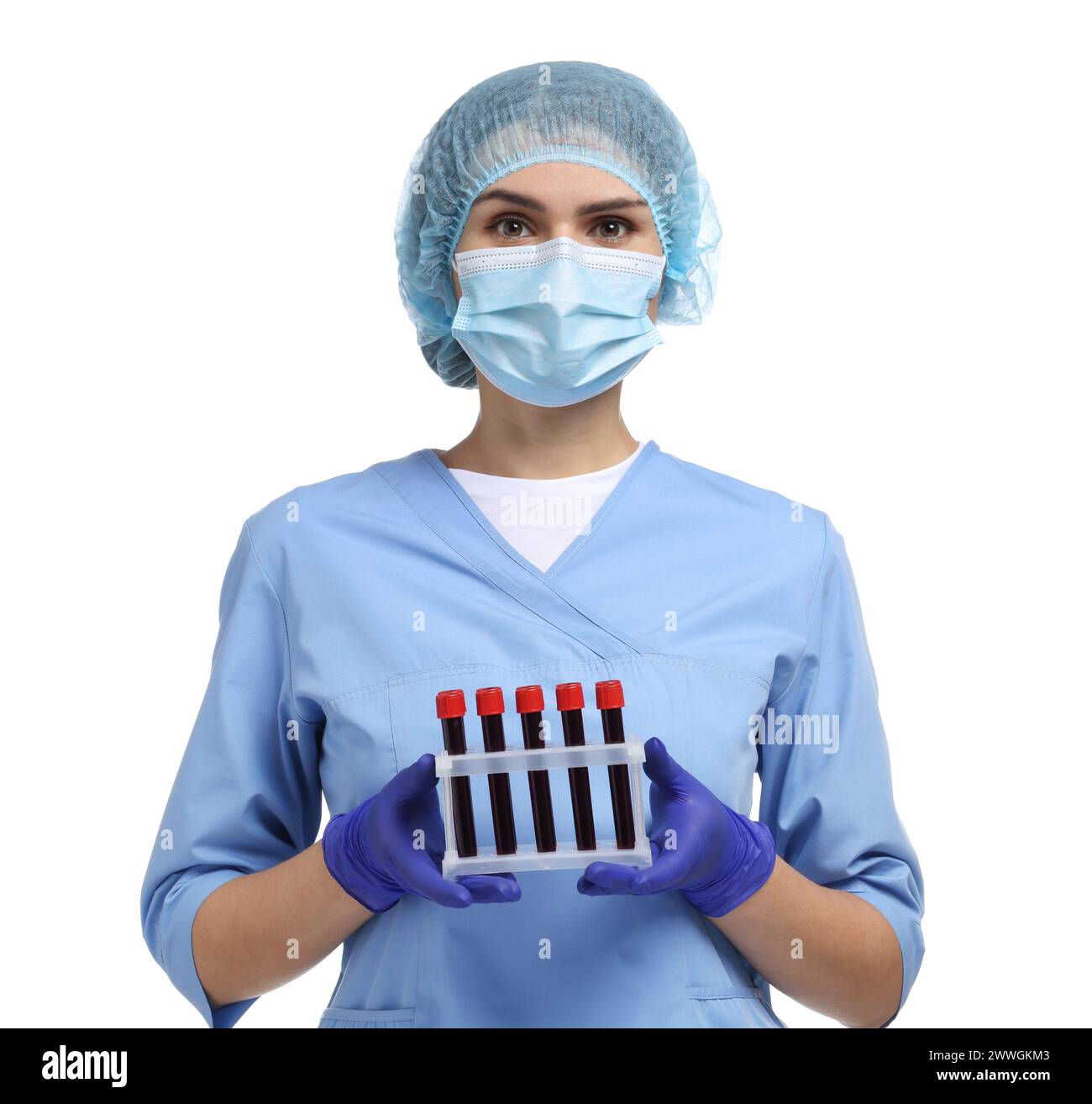 Laboratory testing. Doctor with blood samples in tubes on white ...