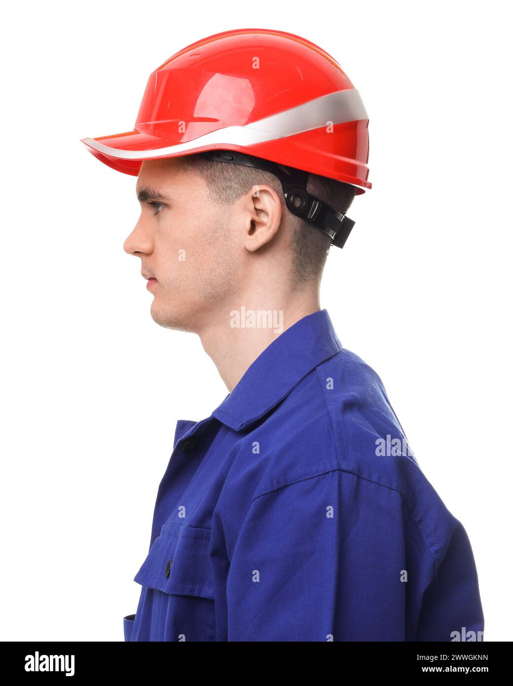 Young man wearing safety equipment on white background Stock Photo - Alamy