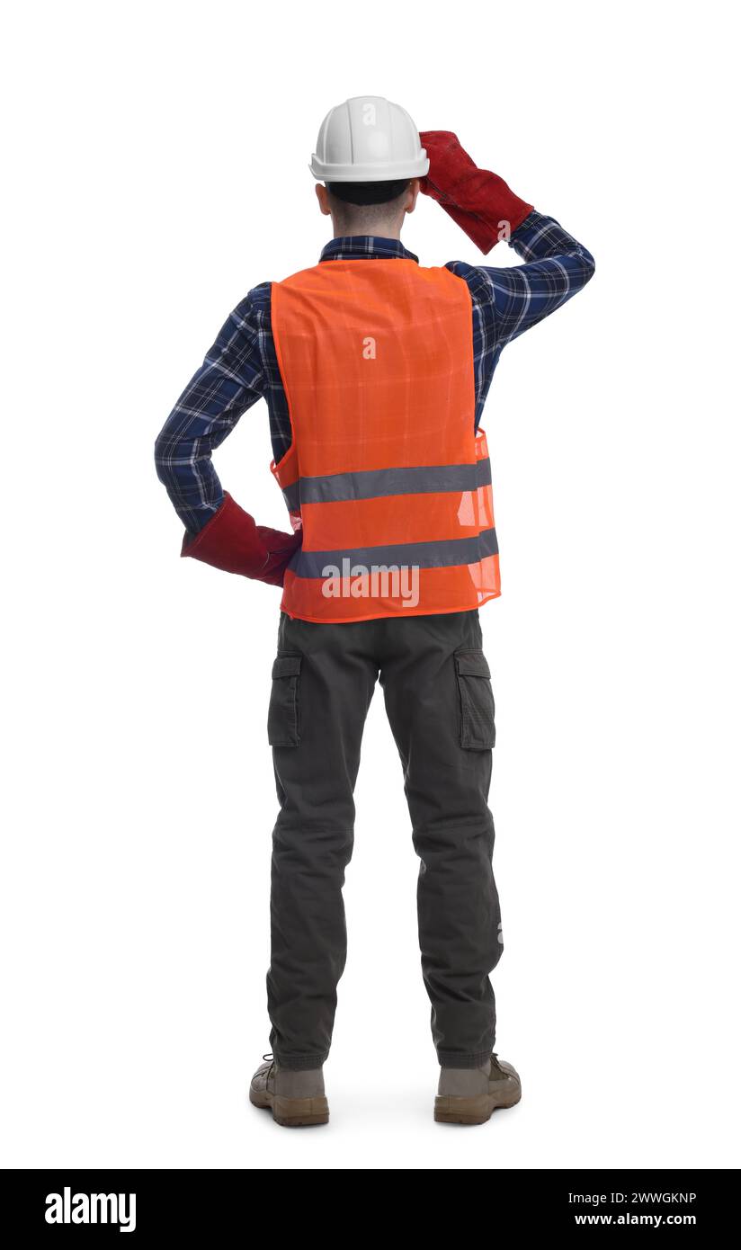 Young man wearing safety equipment on white background, back view Stock ...