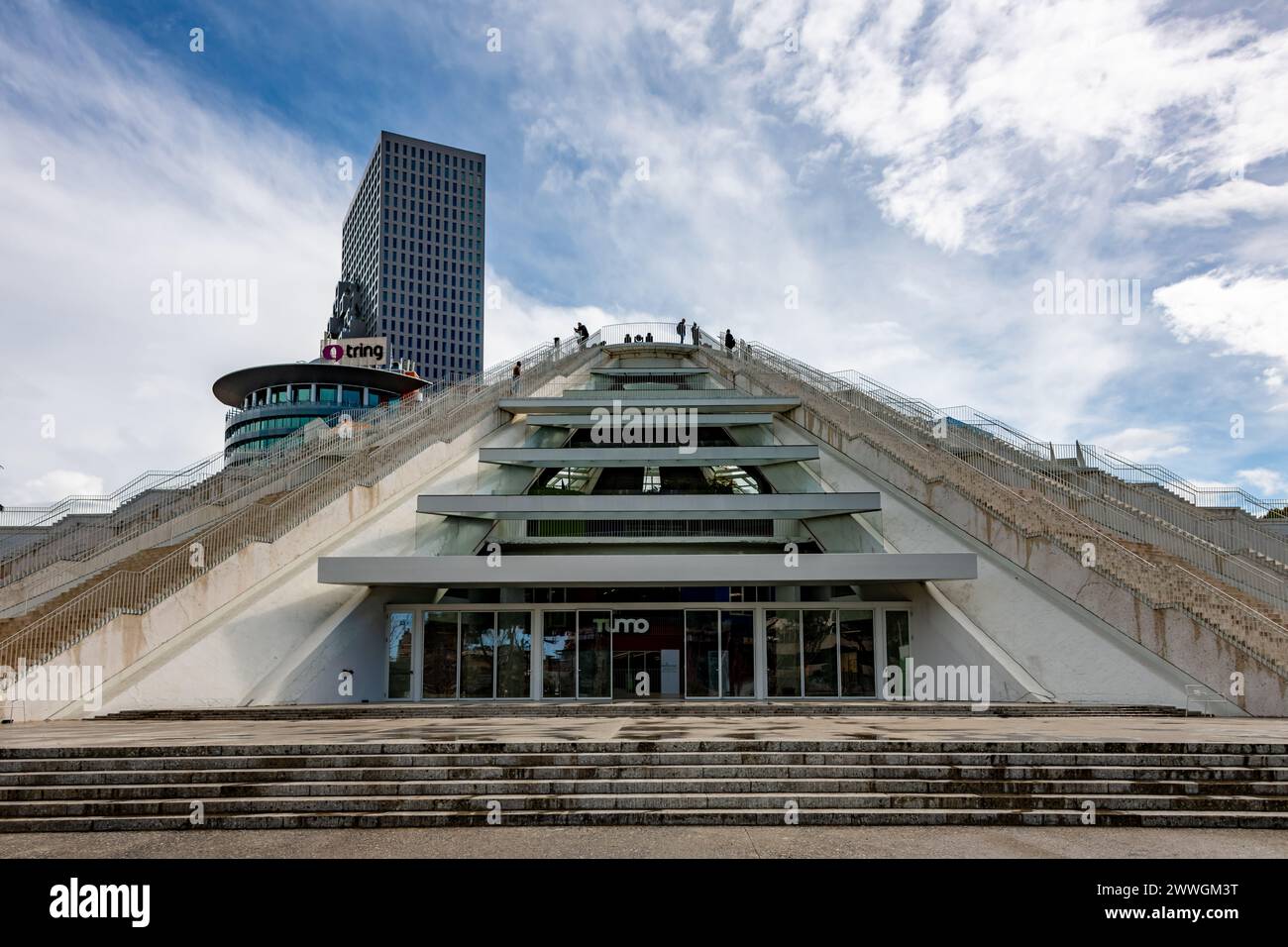 Exterior of the Pyramid of Tirana, newly opened with coloured pods and ...