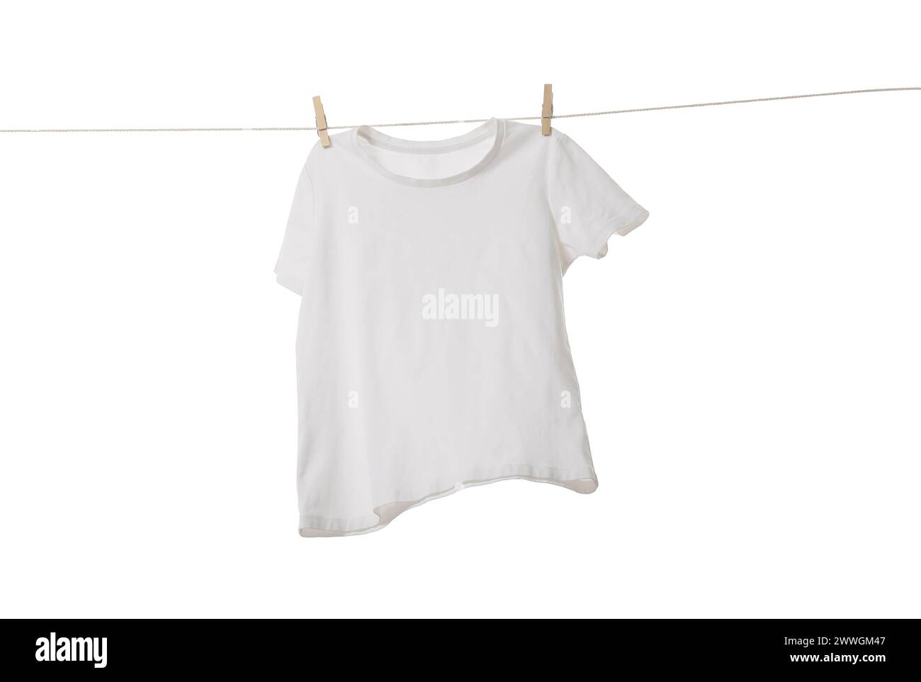 One t-shirt drying on washing line isolated on white Stock Photo - Alamy