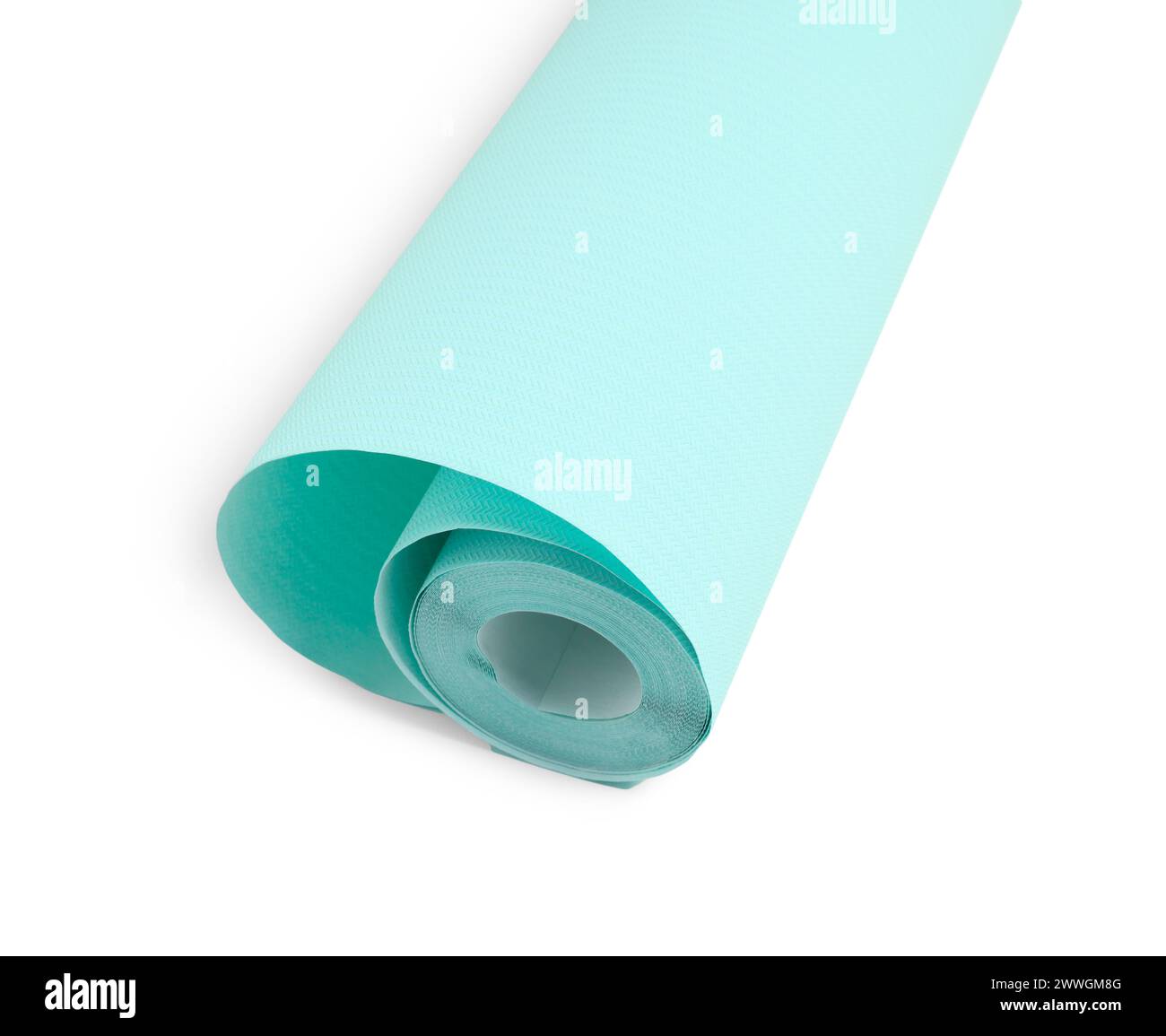 One light turquoise wallpaper roll isolated on white, above view Stock ...
