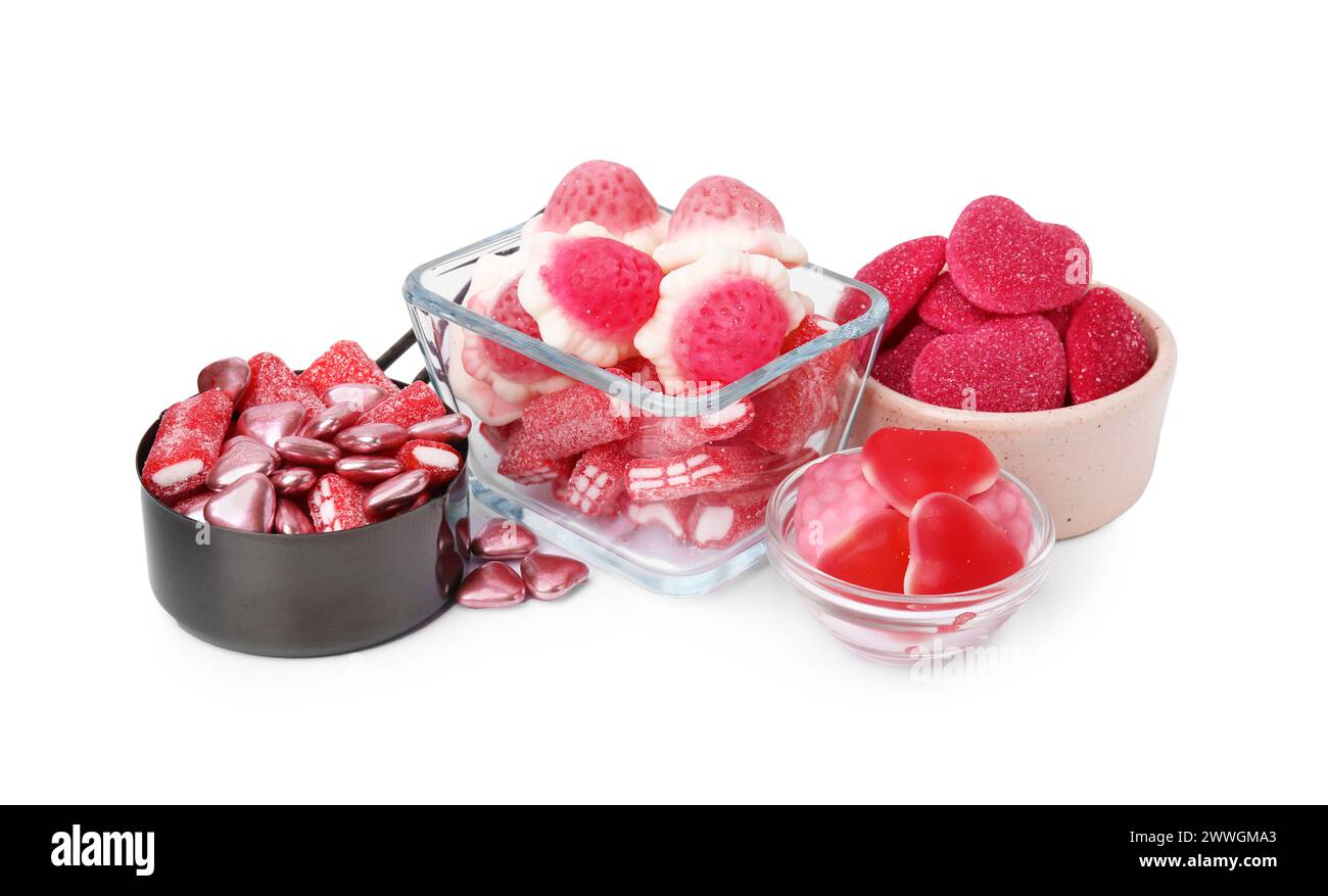 Different yummy pink candies isolated on white Stock Photo - Alamy