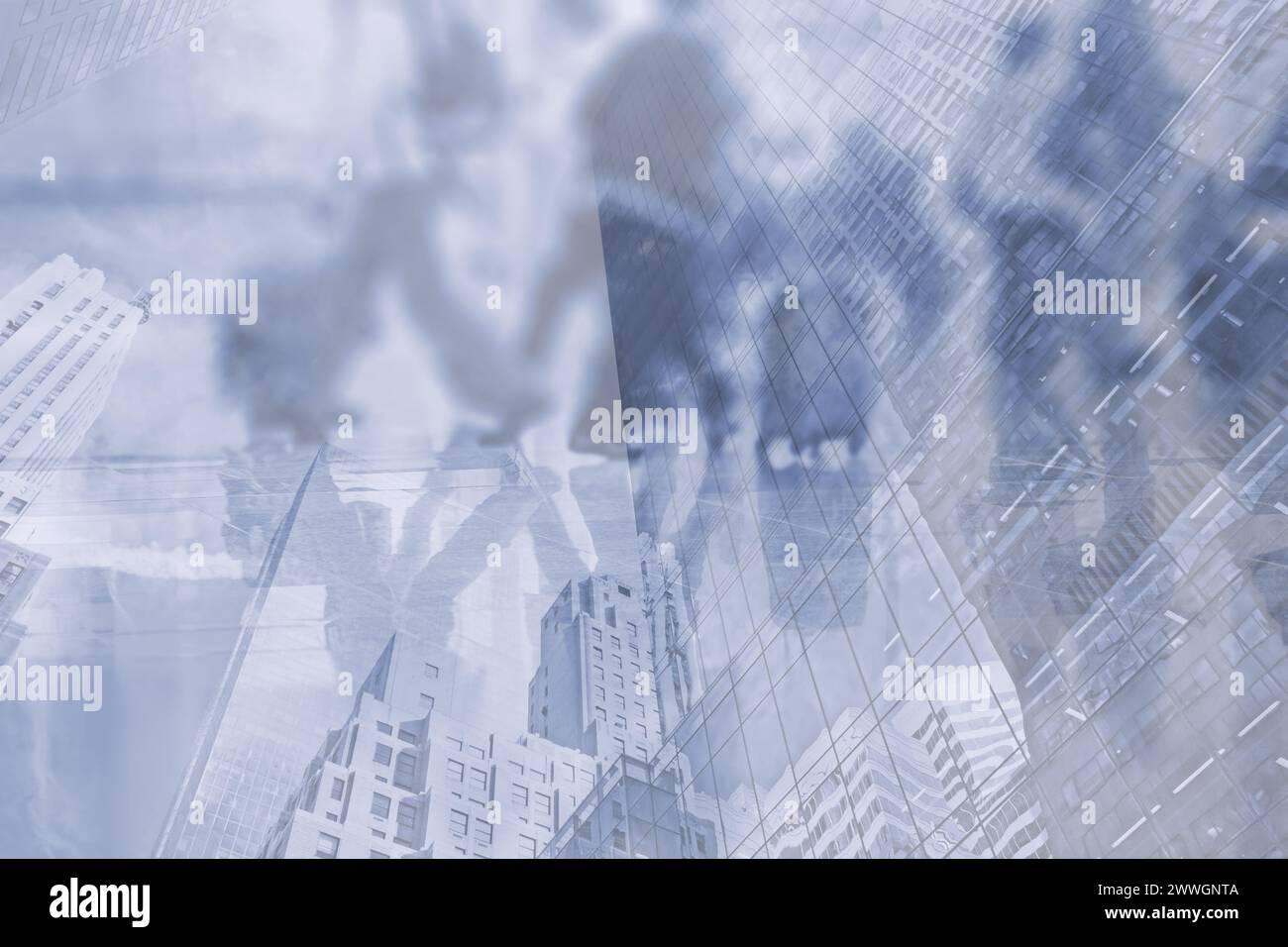 Abstract image of people walking in the airport with skyscrapers as ...