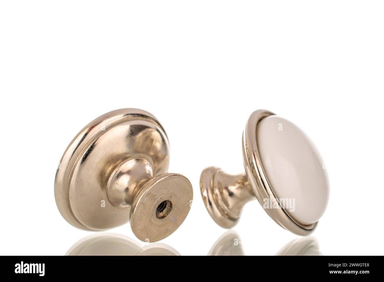 Two metal handles for furniture, macro, isolated on white background ...