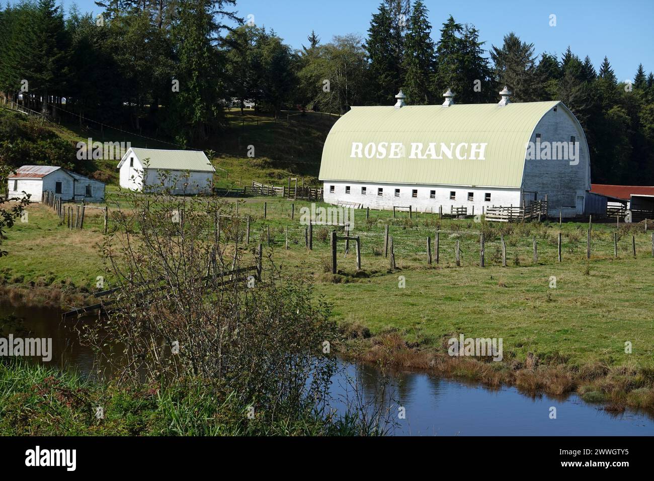 Wooden barn with green roof of the Rose Ranch, US Hwy 101 south of ...