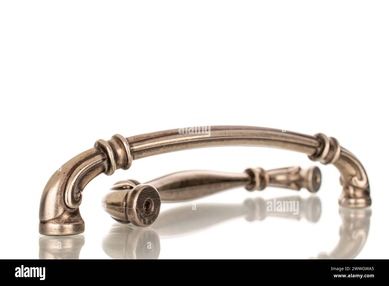 Two metal handles for furniture, macro, isolated on white background ...