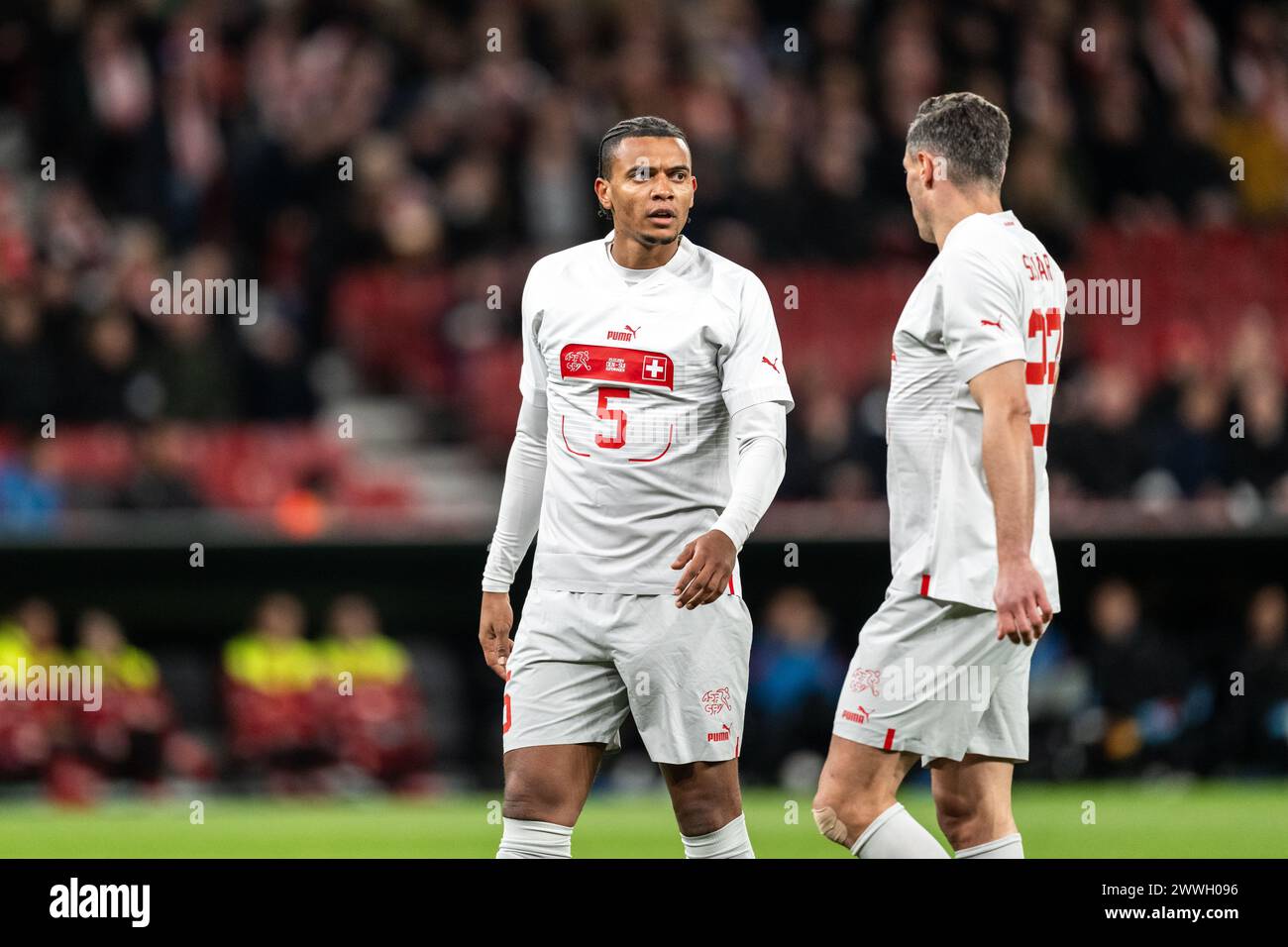 Copenhagen, Denmark. 23rd Mar, 2024. Manuel Akanji (5) and Fabian Schär (22) of Switzerland seen ...