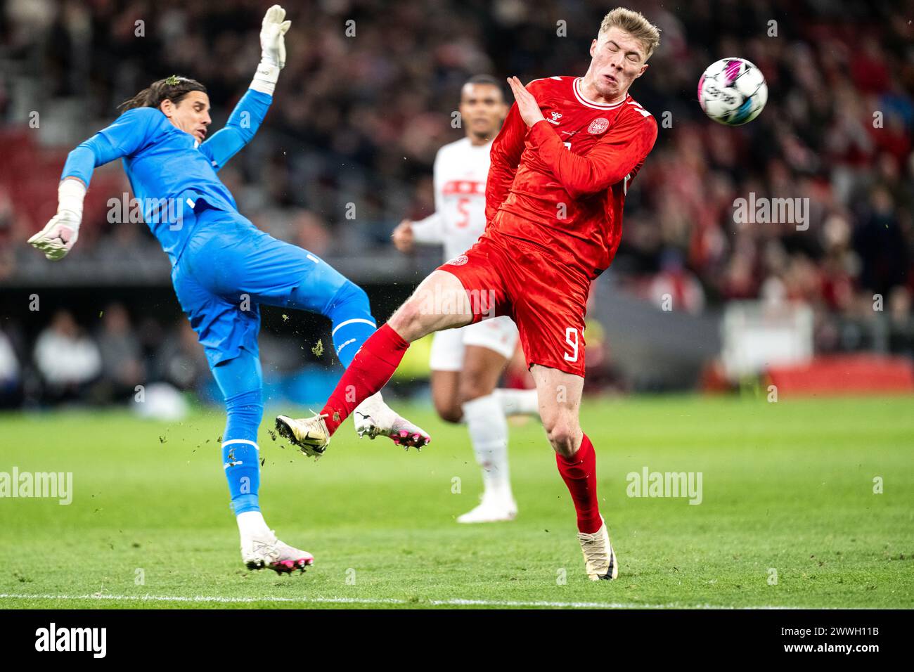 Copenhagen, Denmark. 23rd Mar, 2024. Rasmus Hojlund (9) of Denmark seen ...