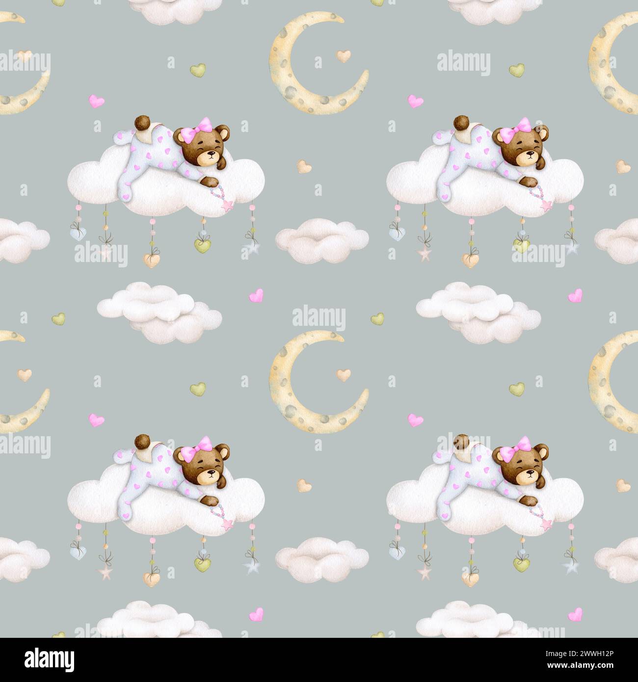 Baby seamless pattern on a gray background. Baby bear on a cloud. Girl ...