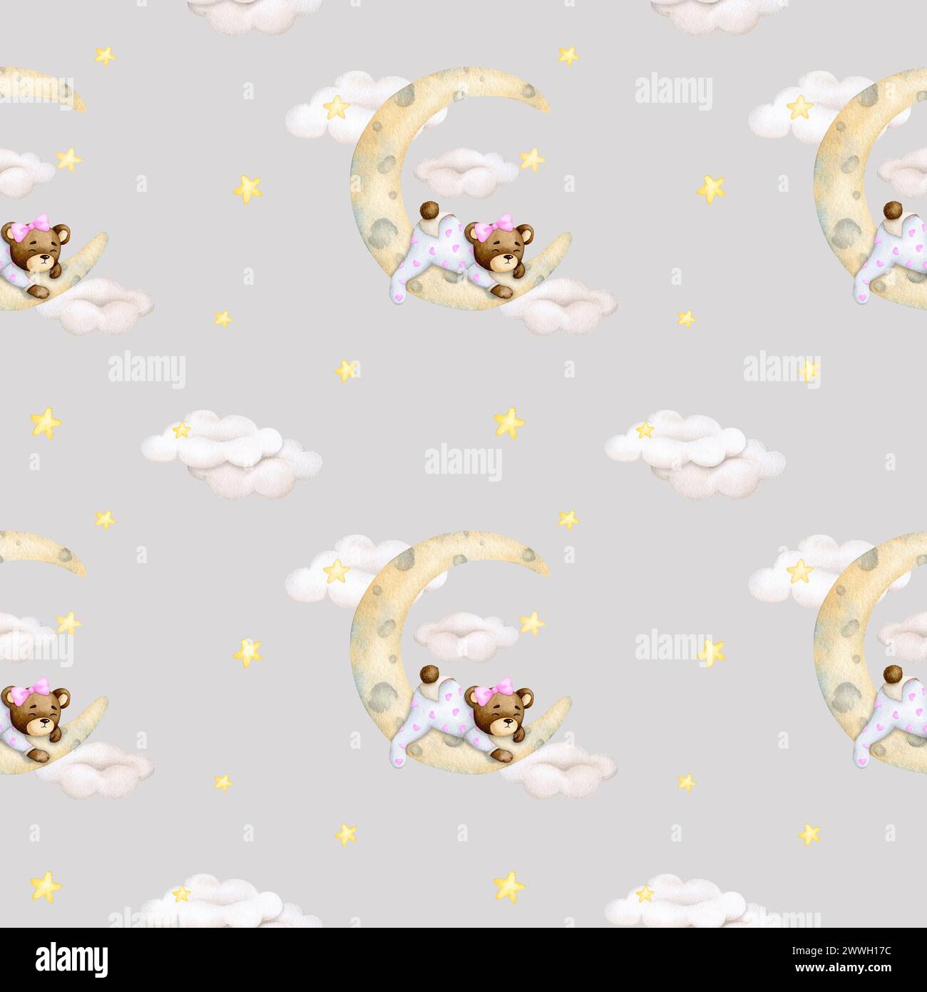 Baby seamless pattern on a gray background. Baby bear sleeping on a ...