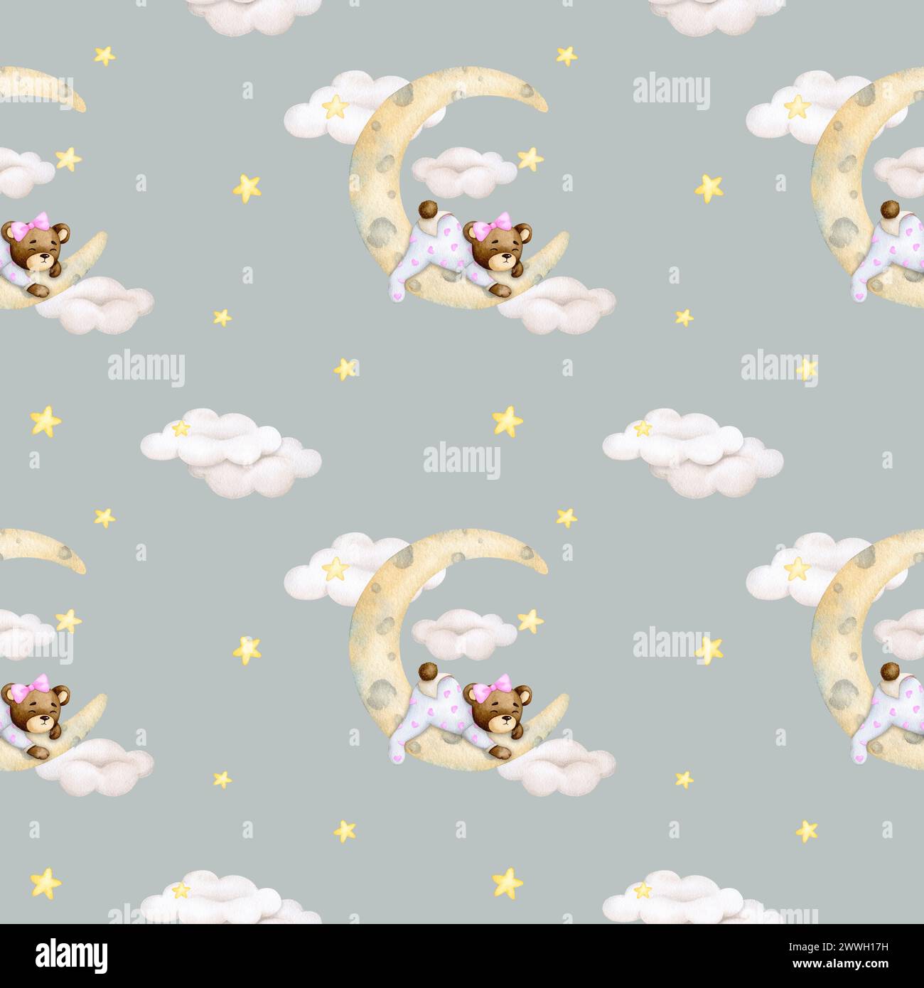 Baby seamless pattern on a gray background. Baby bear sleeping on a ...