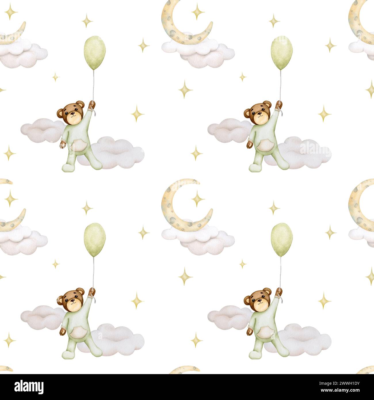 Baby seamless pattern on a white background. Little bear cub flies in a ...