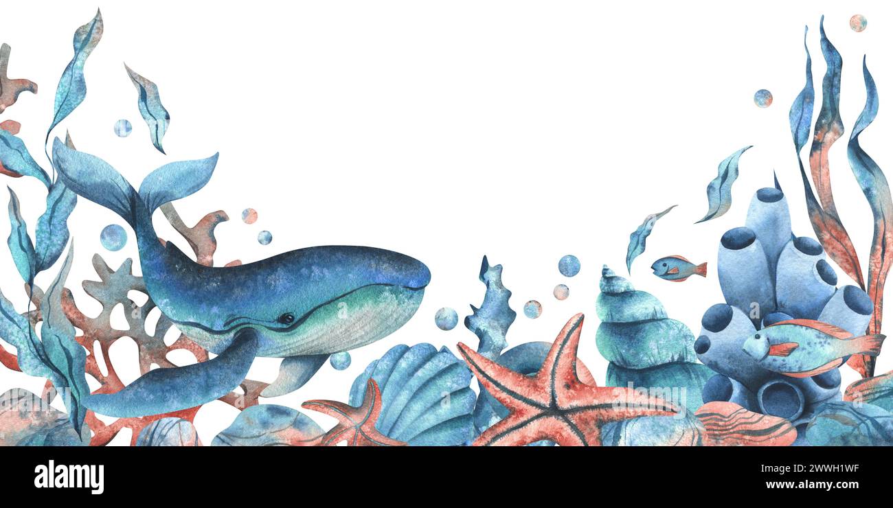 Underwater world clipart with sea animals whale, turtle, octopus ...