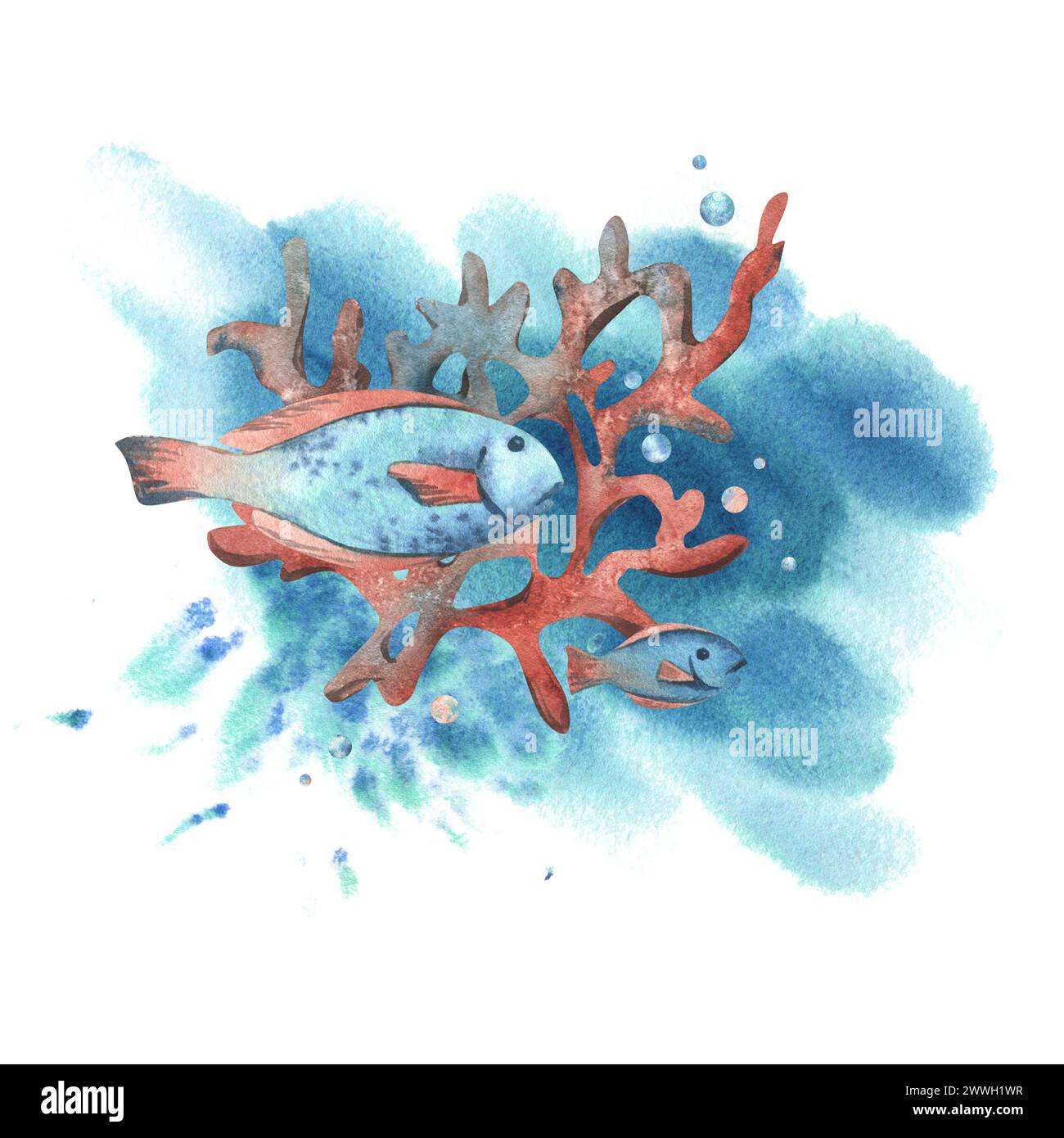 Underwater world clipart with sea animals fishes coral and bubbles ...