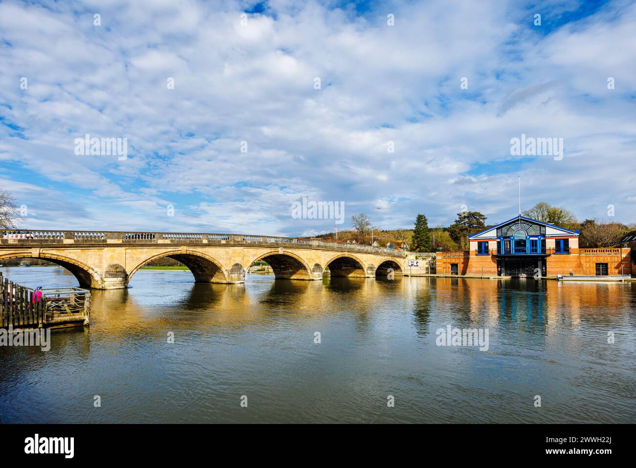 View of Henley Royal Regatta Headquarters and Grade I listed Henley Bridge over the River Thames ...