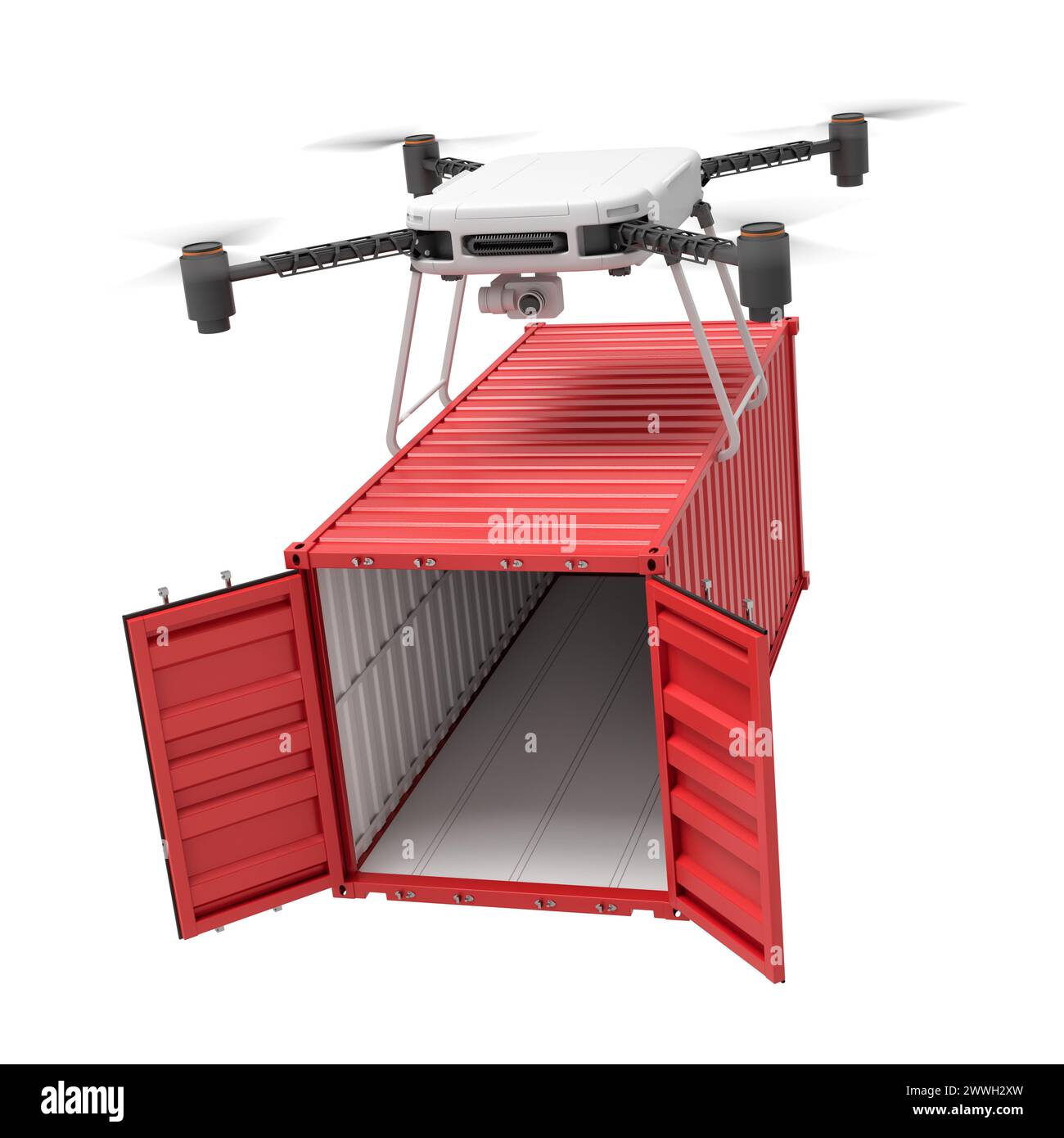 3d rendering of drone lifting opened red shipping container isolated on ...
