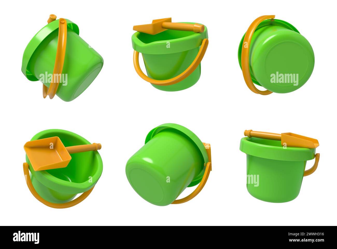 Green toy buckets and spades in different views Stock Photo - Alamy